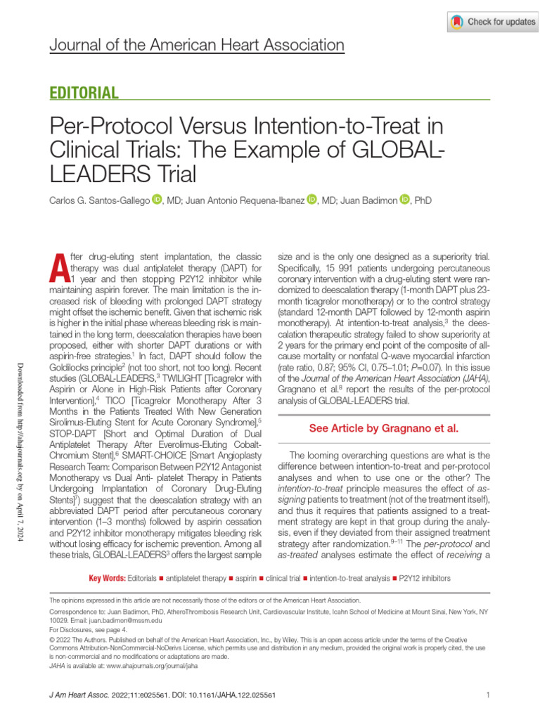 Santos Gallego Et Al 2022 Per Protocol Versus Intention To Treat in ...