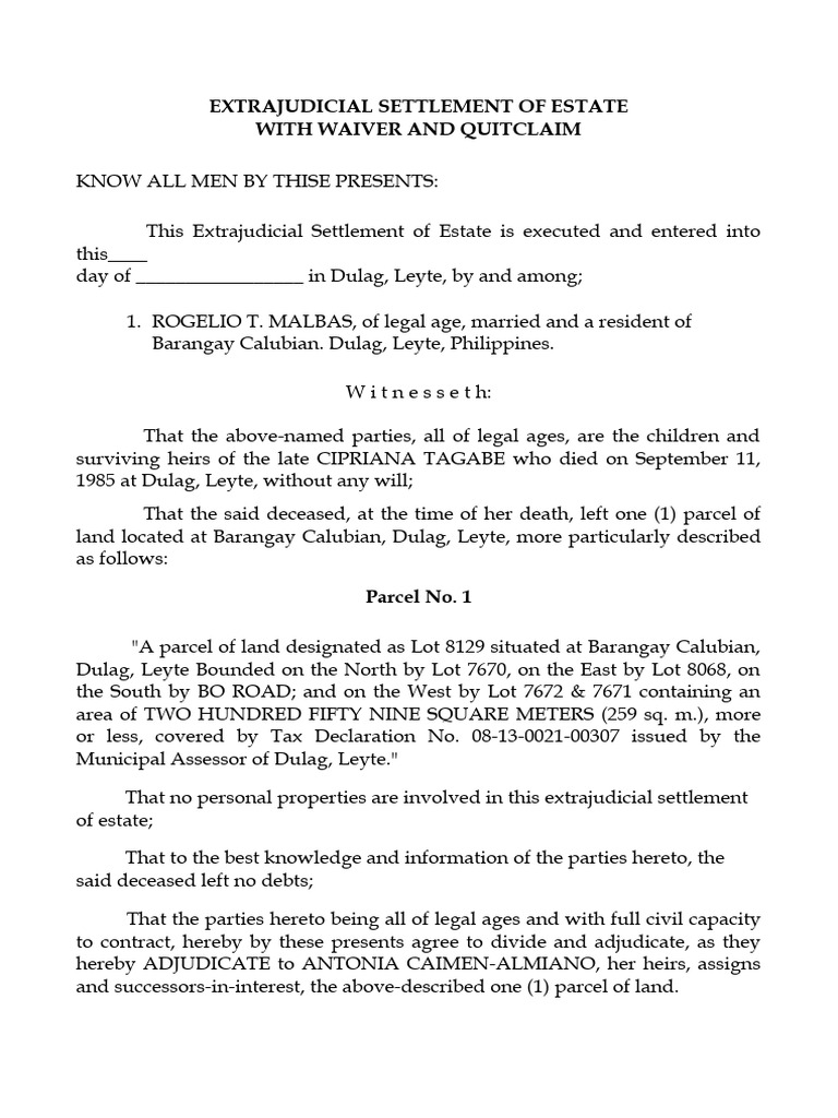 Extrajudicial Settlement of Estate With Waiver and Quitclaim | Download ...