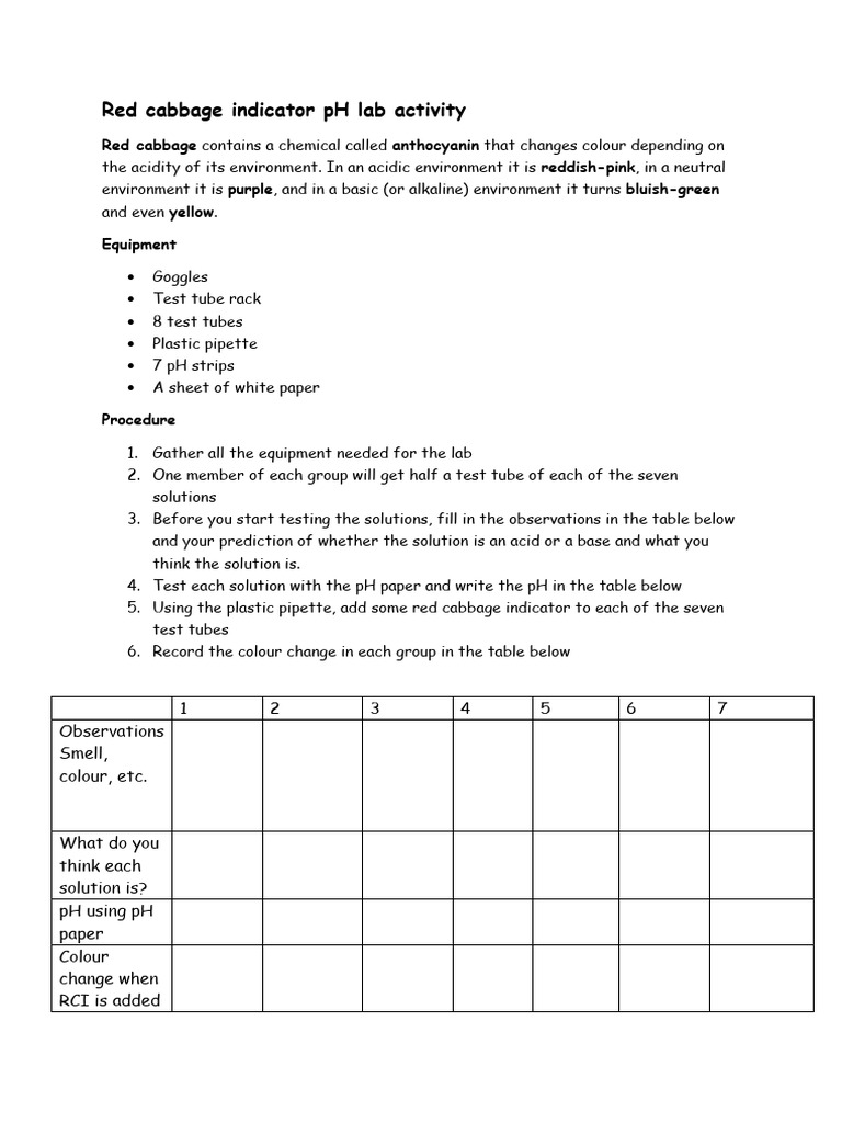 Red Cabbage Indicator PH Lab Activity | PDF