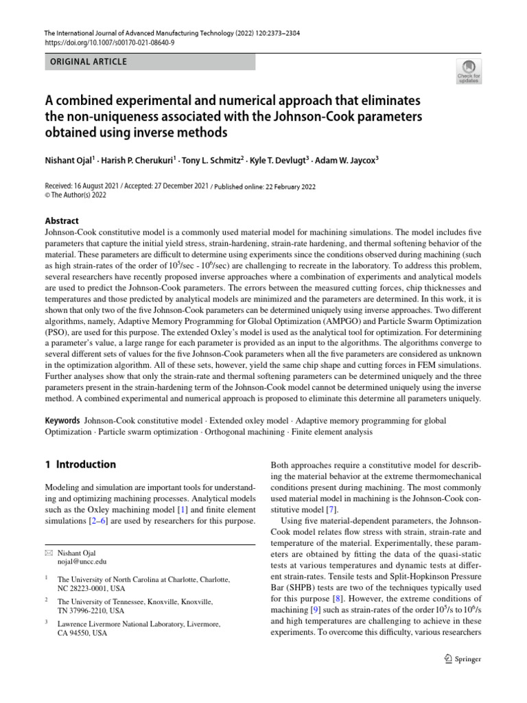 Unique Johnson-Cook Parameter Determination | PDF | Mathematical ...