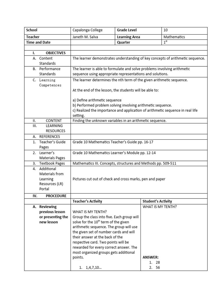 Lesson Plan Mathematics 1 | PDF | Mathematics | Learning