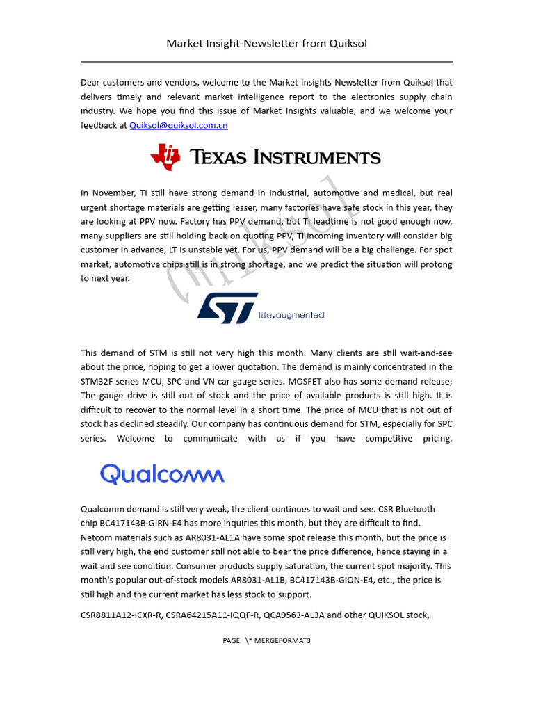 Market Insight Newsletter of Major IC from Quiksol-November-2022 ...