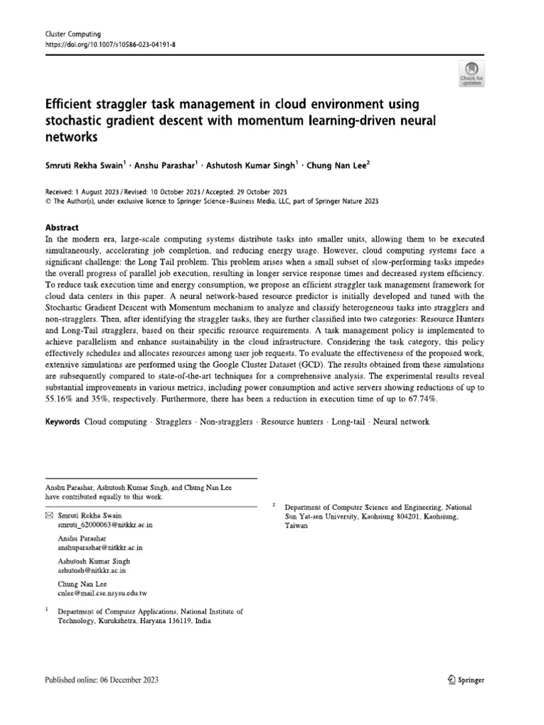 Efficient Straggler Task Management In Cloud Environment Using Stochastic Gradient With Momentum