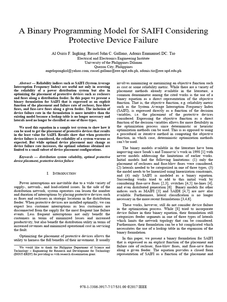 A Binary Programming Model For Saifi Considering Pdf Reliability Engineering Fuse Electrical 4023