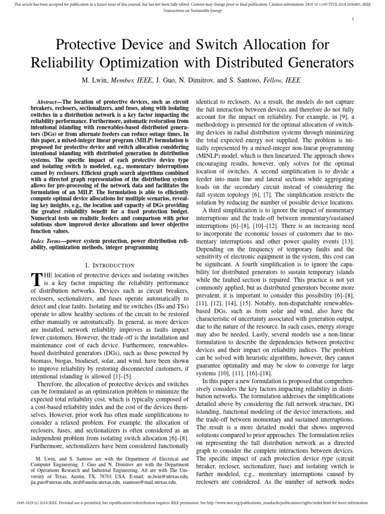 Protective Device and Switch Allocation For | PDF | Linear Programming | Reliability Engineering