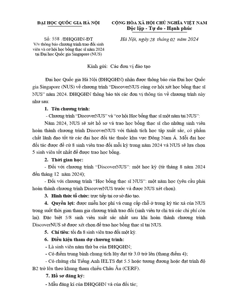 Signed - Signed.Thong Bao Chuong Trinh DiscoverNUS Va Co Hoi Hoc Bong Thac Si NUS 2024-Đã G P | PDF