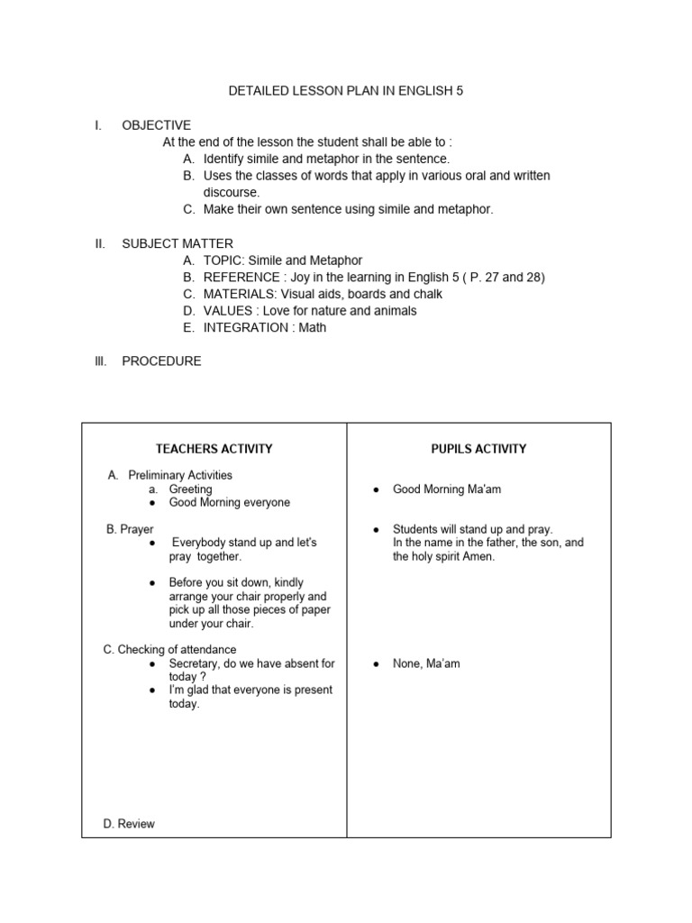 Detailed Lesson Plan in English 5 1 | PDF | English Language ...