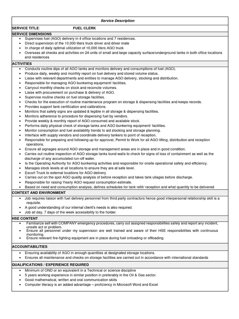 Fuel Clerk Job Description and Duties | PDF | Technology & Engineering