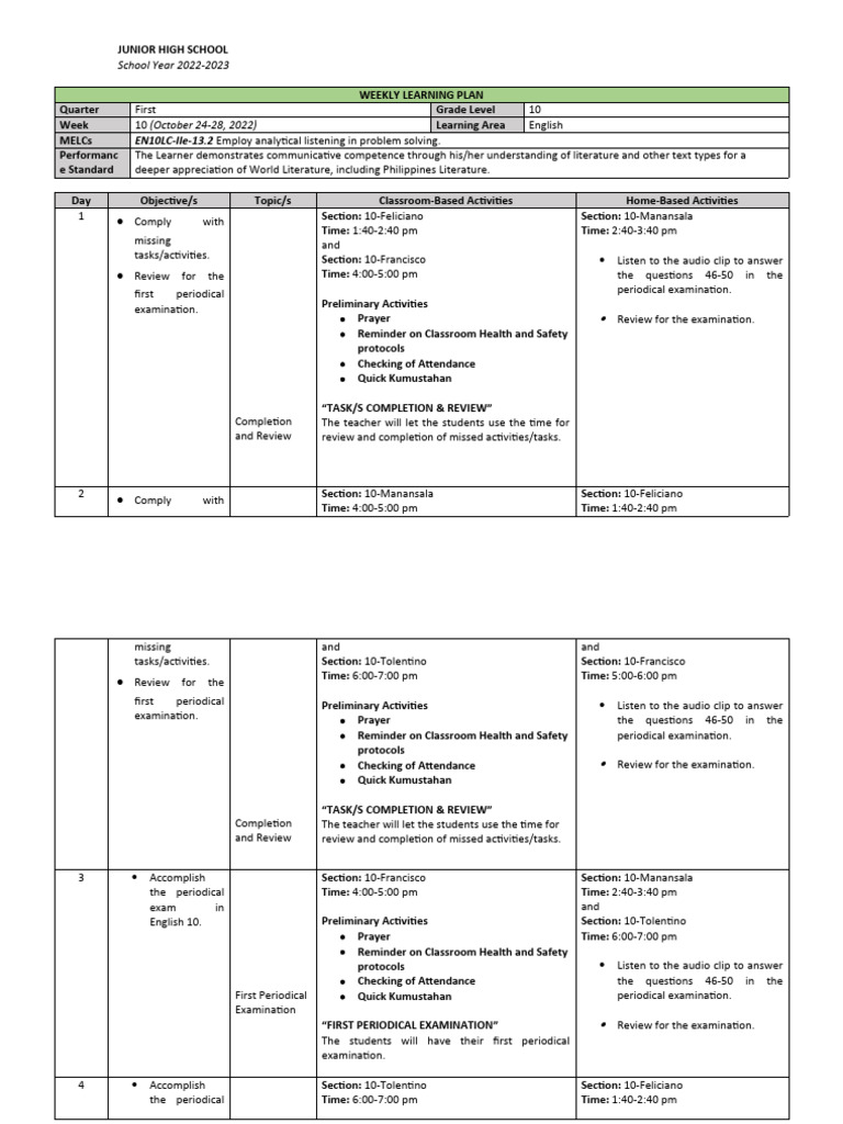 WLP Q1 W10 English10 | PDF | Learning | Teachers