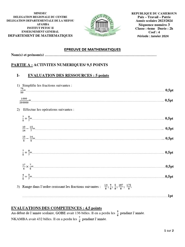 Epreuve de Math 6e SEQ3 | PDF