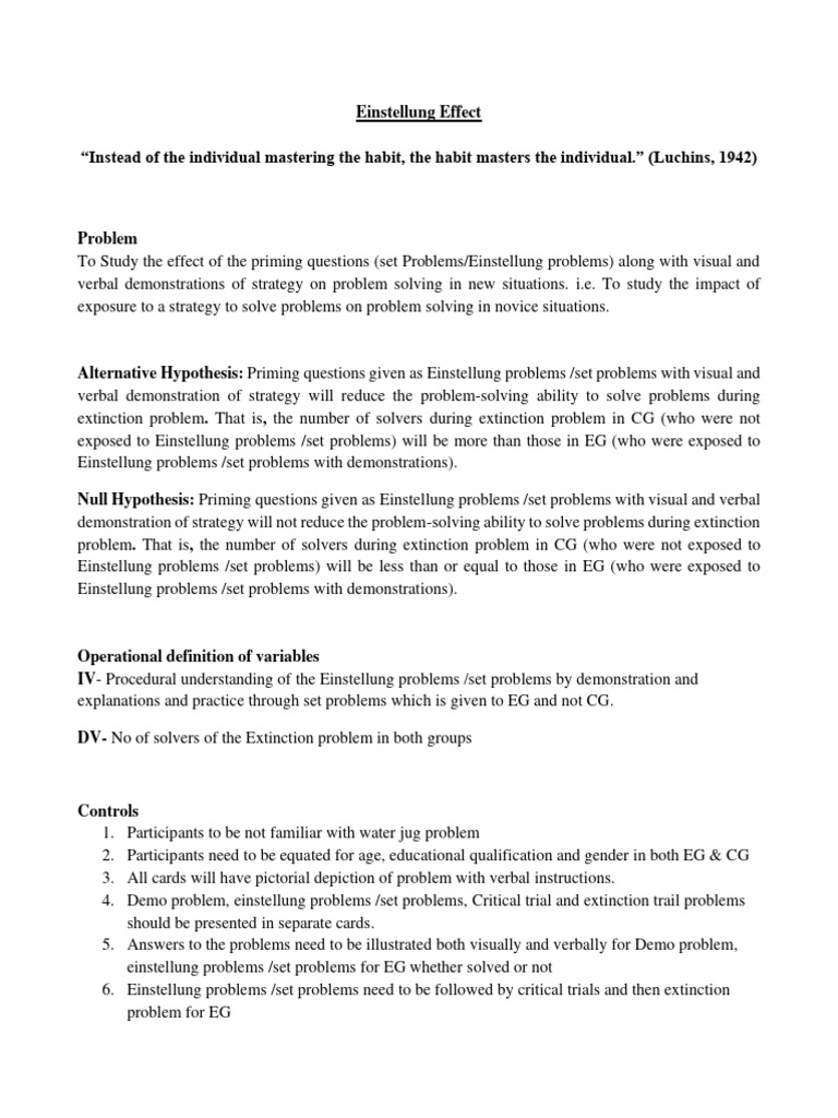 Experiment 2 (Einstellung Effect) | PDF | Cognitive Psychology ...