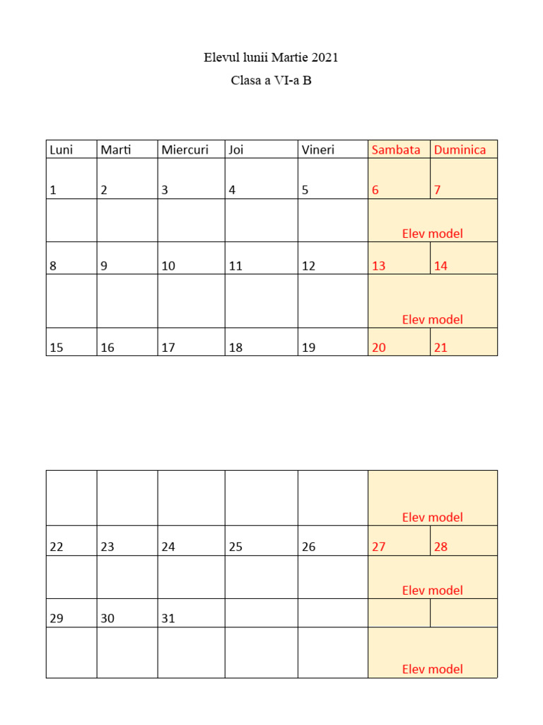 Elevul Lunii Martie 2021 Clasa A VI-a B: Sambata Duminica 6 7 Elev Model 13 14 | PDF