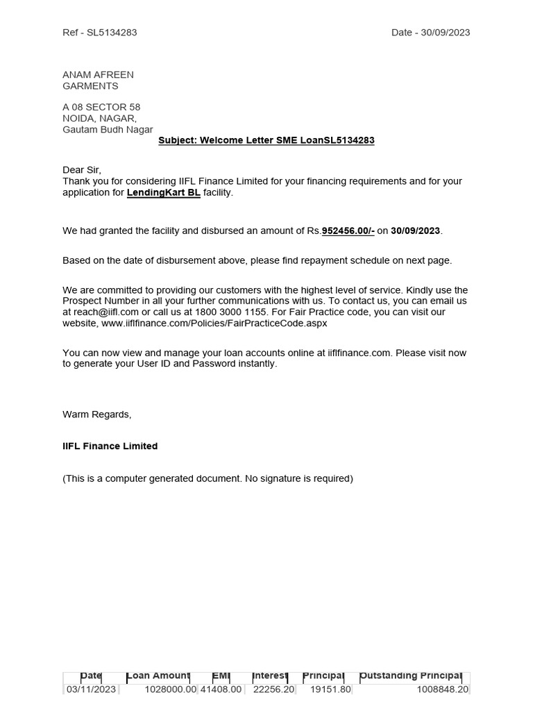 IIFL - SL5134283 - Welcome Letter | PDF | Loans | Money