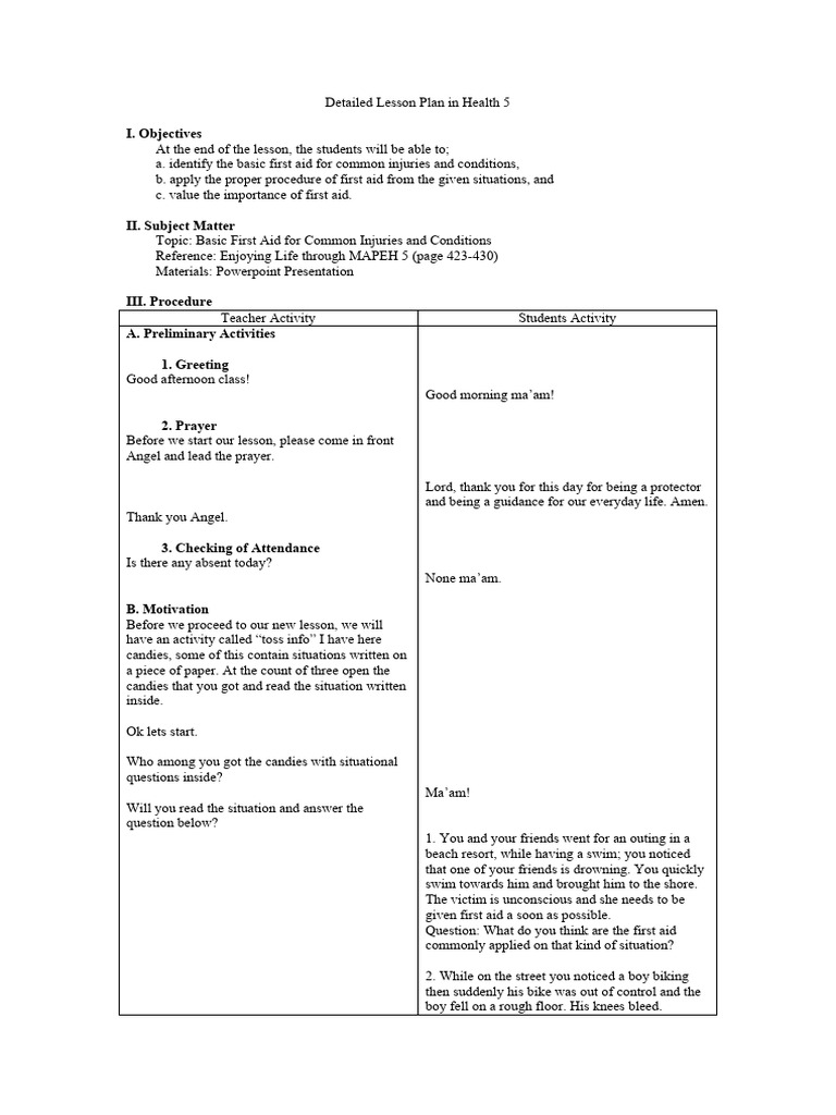 Grade 5 First Aid Lesson Plan | PDF | Burn | First Aid