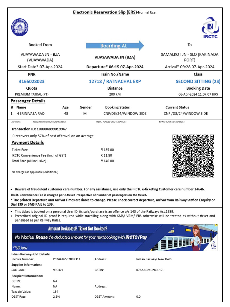 Ratnachal Exp Second Sitting (2S) : Electronic Reserva On Slip (ERS ...