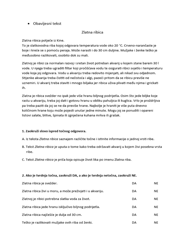 OBAVIJESNI TEKST Zlatna Ribica | PDF
