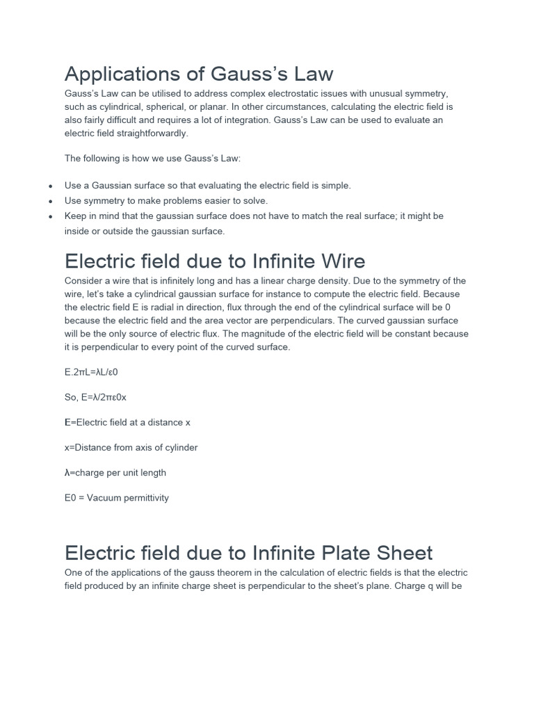 Applications of Gauss's Law: E Electric Field at A Distance X ...