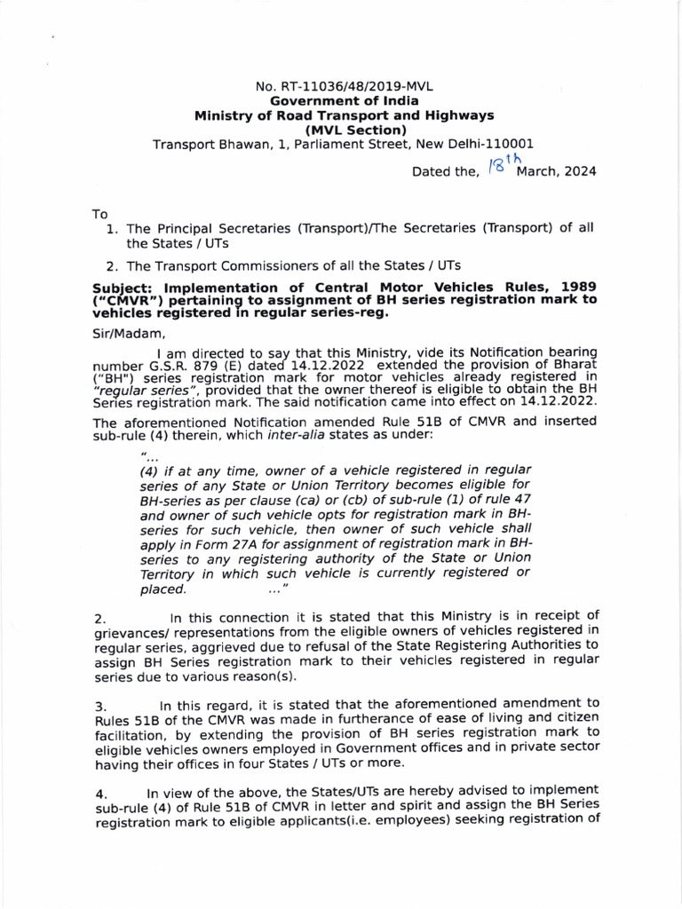 Advisory to TC and Principal Secretaries dt. 18.03.2024 reg BH Series ...