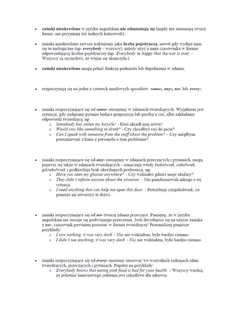 Zaimki Nieokreślone Notatka | PDF