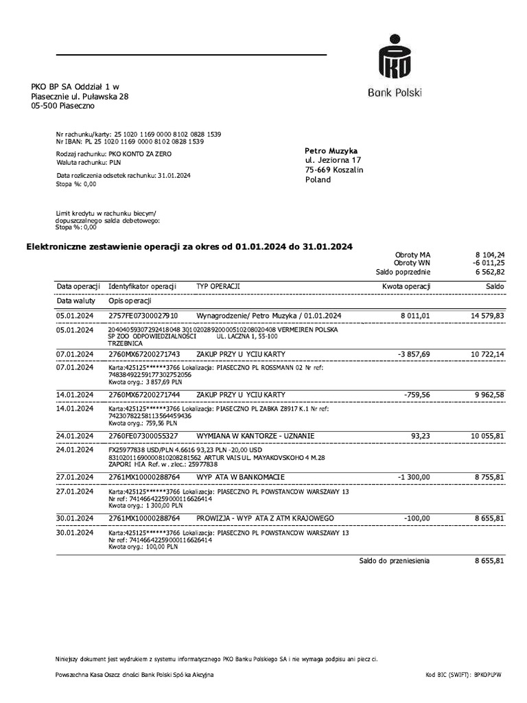 PKO Bank Polski Petro Muzyka Jan 24s | PDF