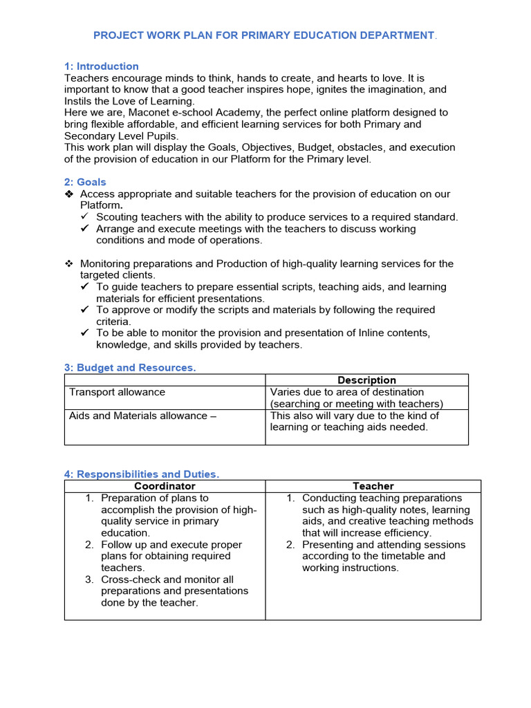 Work Plan-1 | PDF | Teachers | Learning