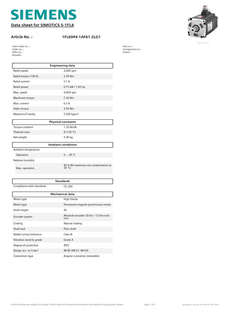 1FL6044-1AF61-2LG1 Datasheet en | PDF | Torque | Electric Motor