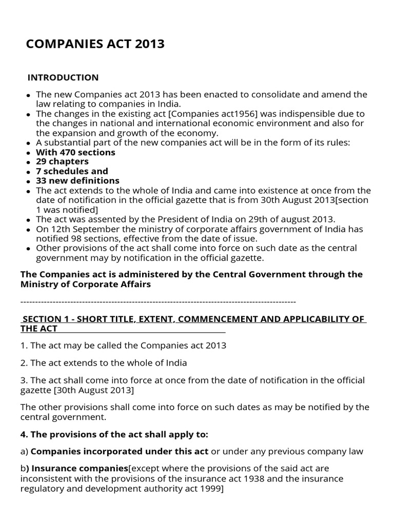 Companies Act 2013 Overview and Features | PDF | Limited Company ...