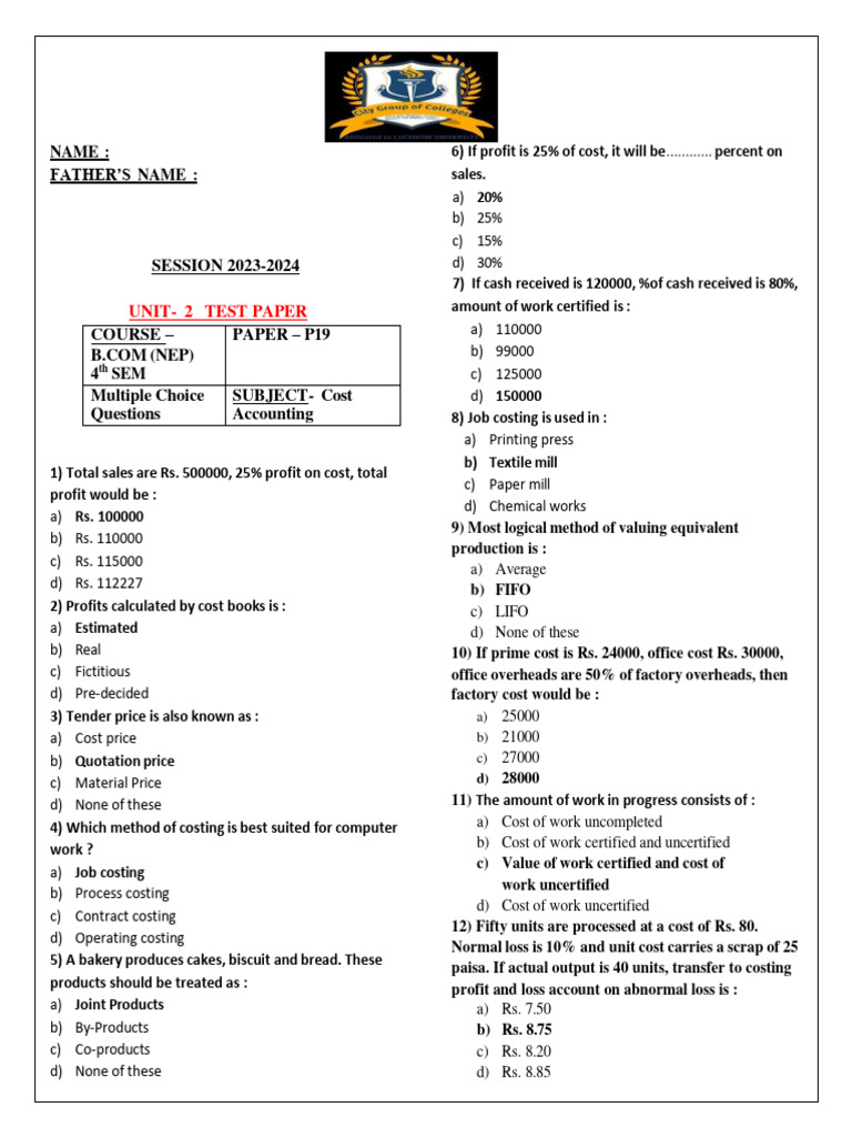 Cost Accounting MCQs for B.Com 4th Sem | PDF | Business | Economies
