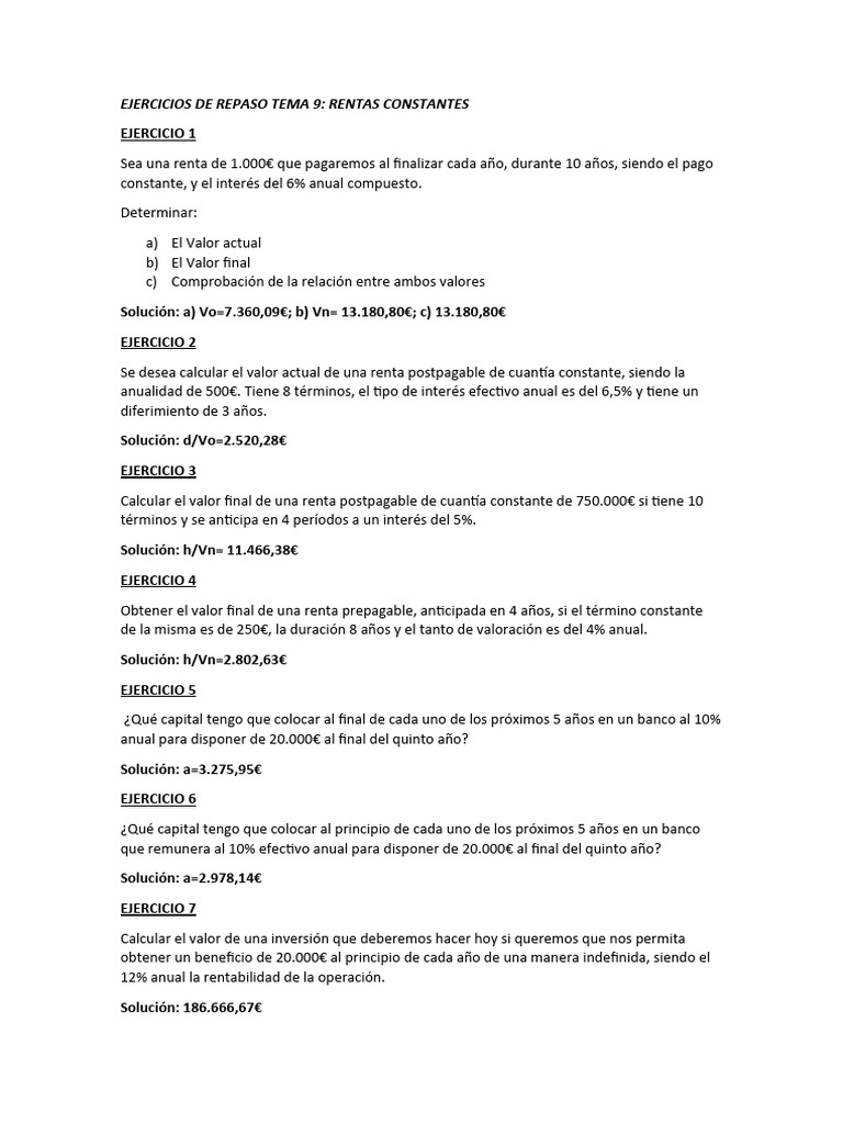 Ejercicios de Repaso Tema 9 | PDF | Interés | Bancos
