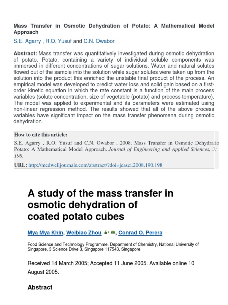 Mass Transfer in Osmotic Dehydration of Potato | PDF | Osmosis | Applied And Interdisciplinary ...