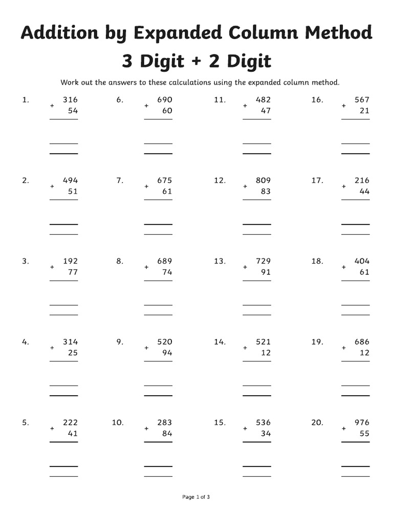 Expanded Column Method 3 Digit + 2 Digit Activity Sheet | PDF