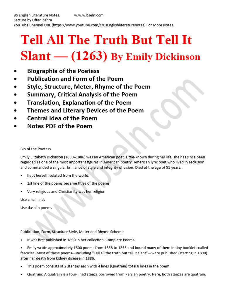 Tell All The Truth But Tell It Slant | PDF | Poetry | Metre (Poetry)