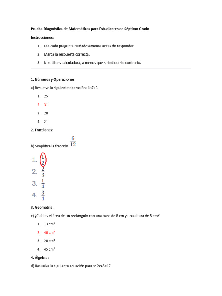 Prueba Diagnóstica de Matemáticas para Estudiantes de Séptimo Grado | PDF Prueba Diagnóstica de Matemáticas para Estudiantes de Séptimo Grado | PDF
