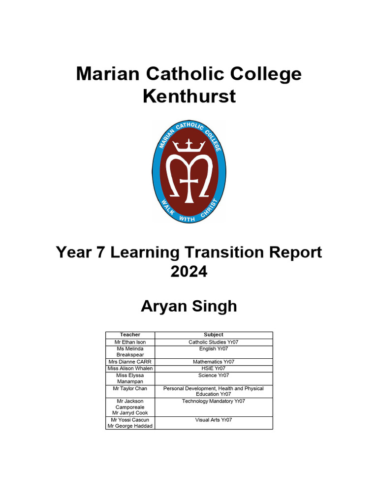 Marian Catholic College Kenthurst: Year 7 Learning Transition Report 2024 Aryan Singh | PDF ...