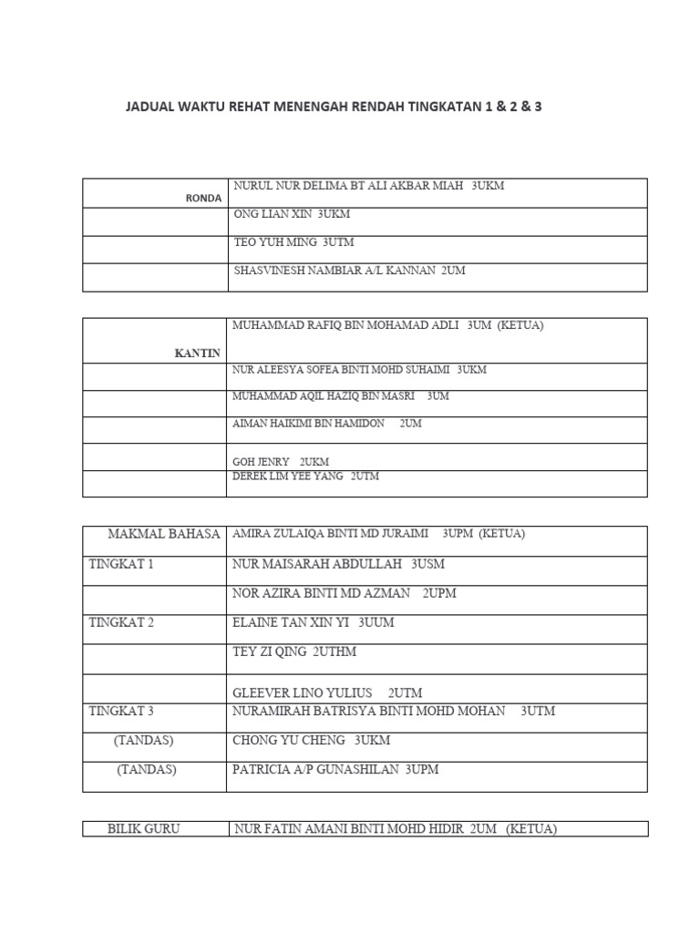 Jadual Waktu Rehat Menengah Rendah | PDF