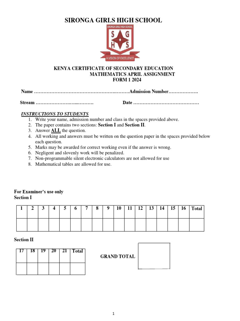 Mathematics Form 1 April Assignment QS | PDF | Arithmetic | Mathematics