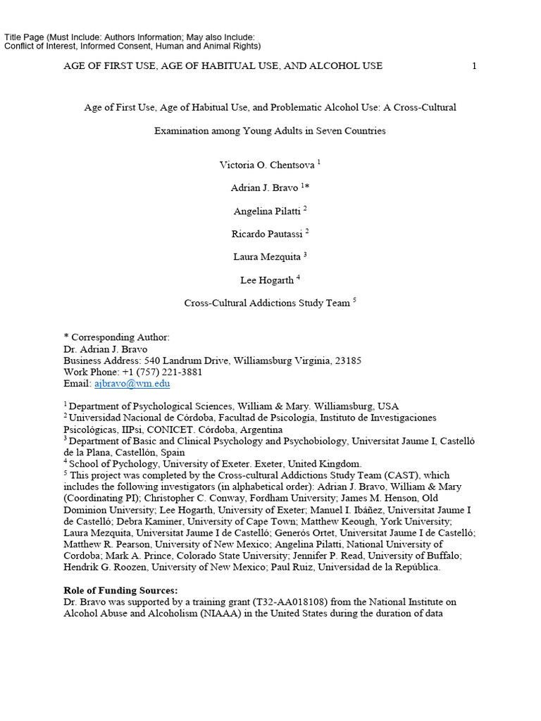 Age of First Use, Age of Habitual Use, and Problematic Alcohol Use: A ...