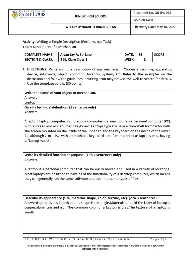 Second Grading Week 2 (TW Template) | PDF | Laptop | Personal Computers
