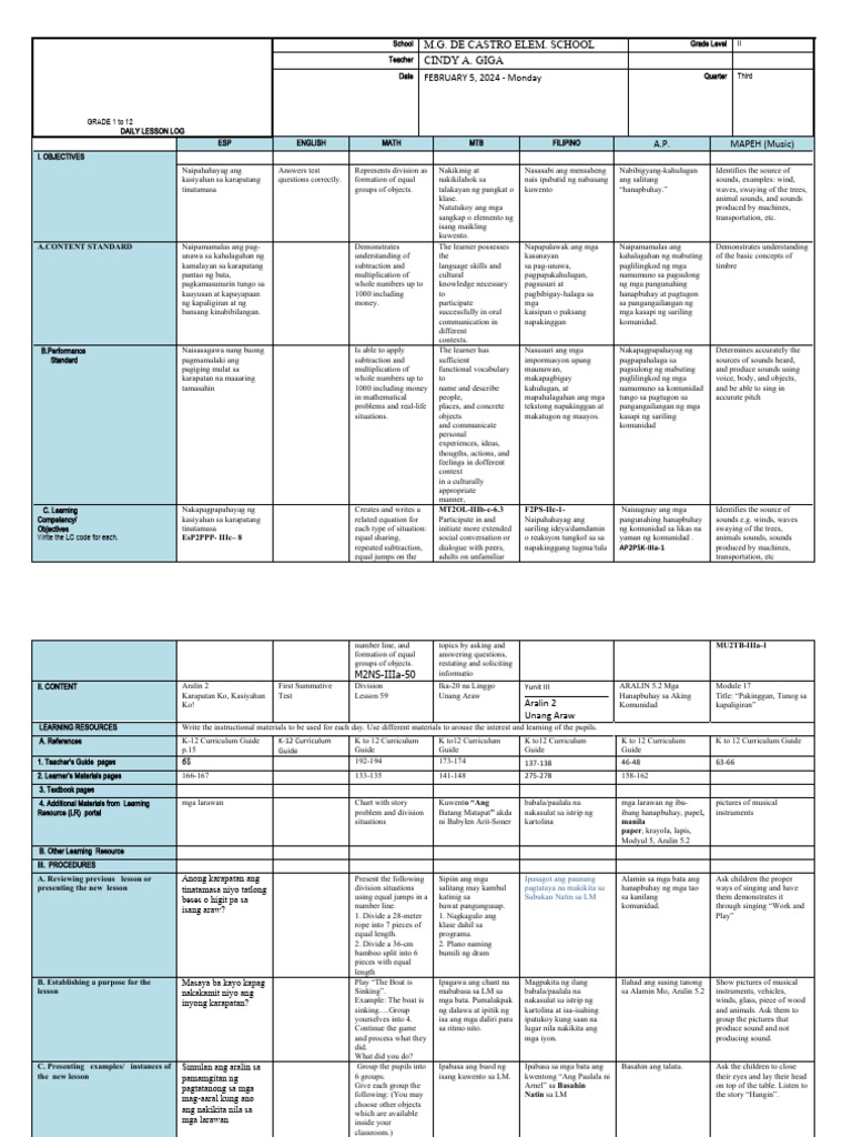 Grade 2 DLL All Subjects Q3 Week 2 Day 1.docx - HTML | PDF