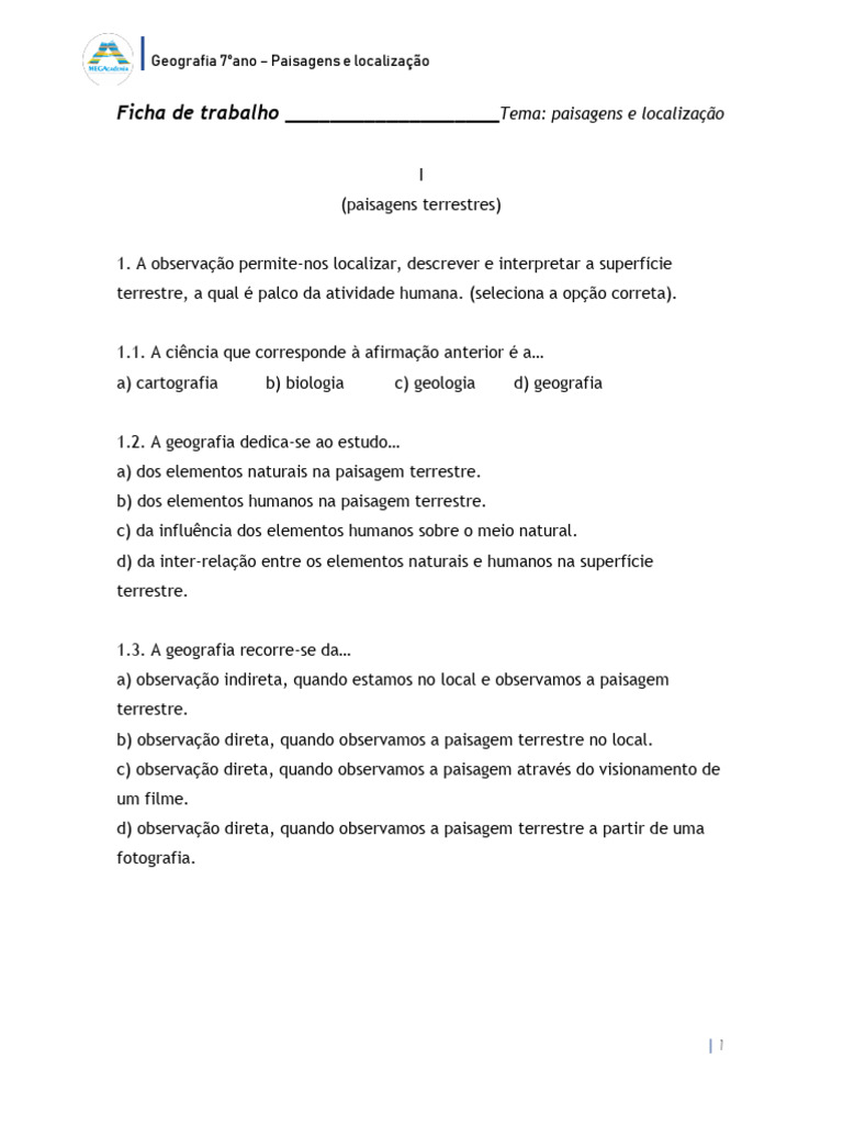 Ficha de Avaliação - Geo 7º Ano Paisagens e Localização | PDF ...