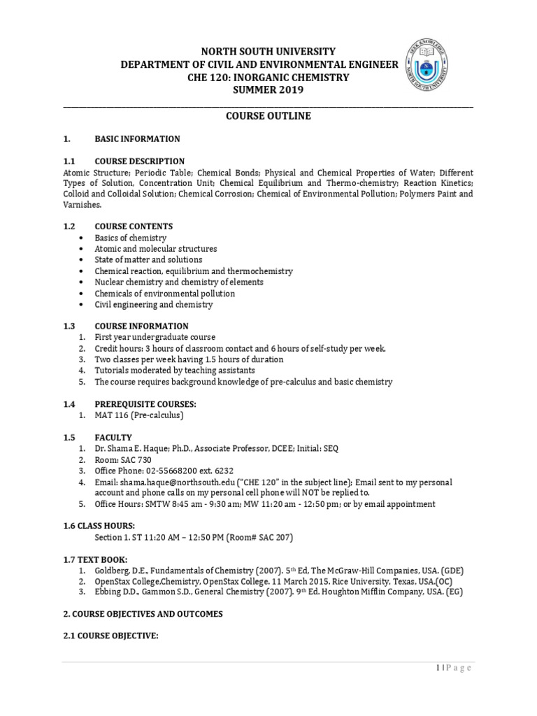 Che 120 - Outline - Summer 2019 | PDF | Chemistry | Engineering