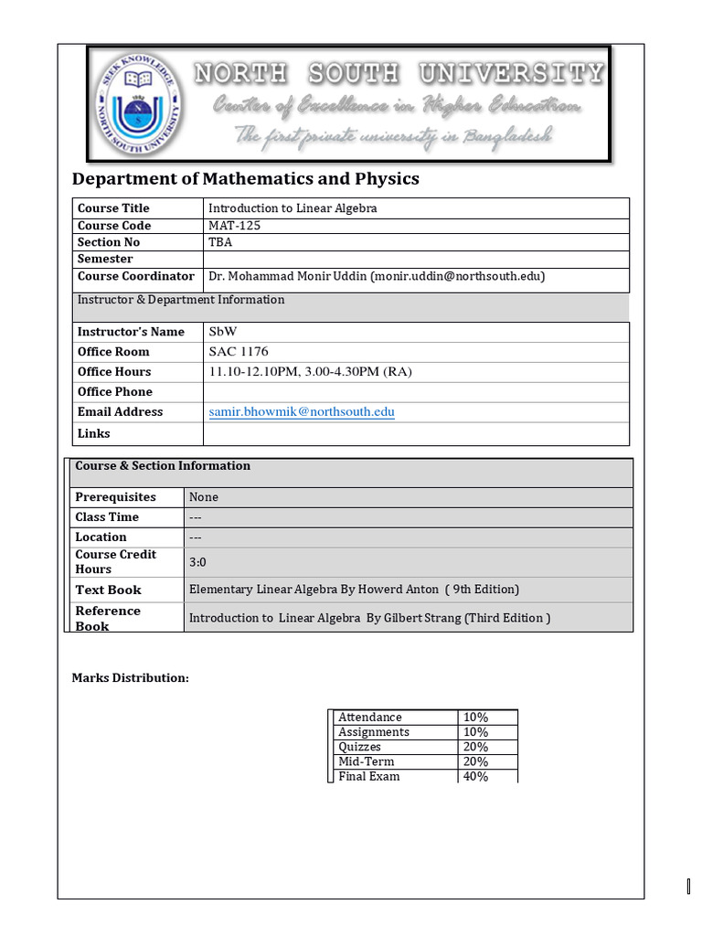 CourseOutlineMAT125SPRING2024 | PDF | Linear Map | Eigenvalues And Eigenvectors