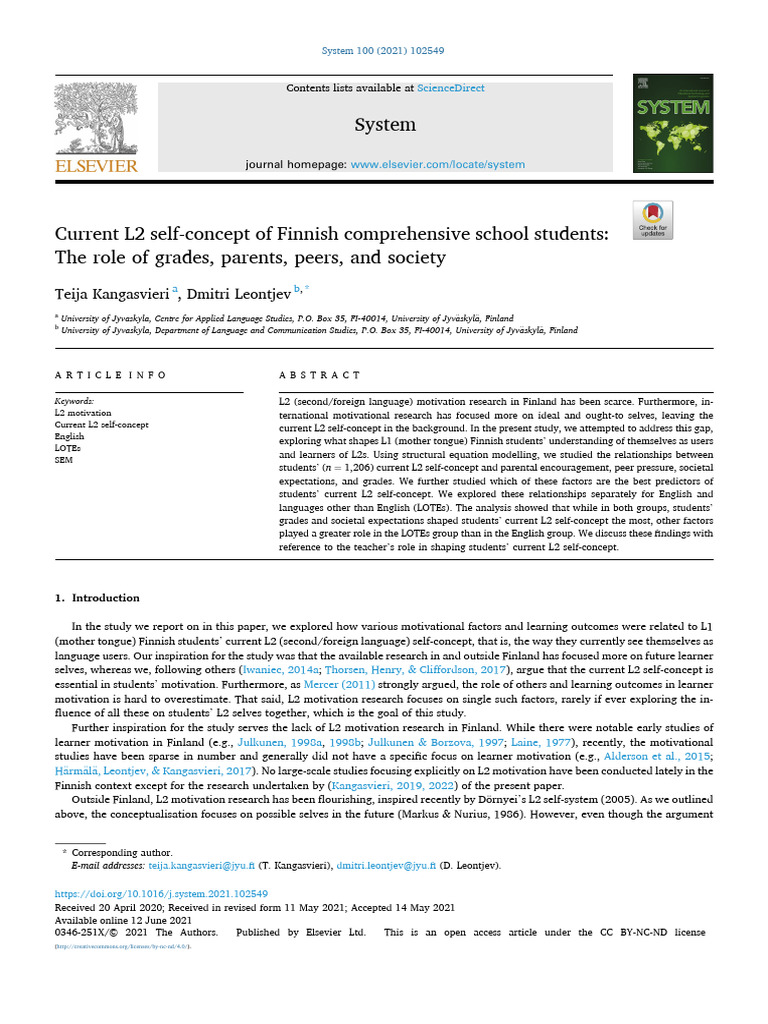 Current L2 Self-Concept of Finnish Comprehensive School Students | PDF ...