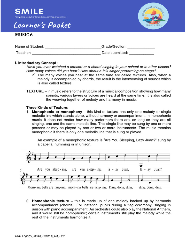 Music 6 Q4 Week 3 4 LP2 | PDF | Songs | Singing