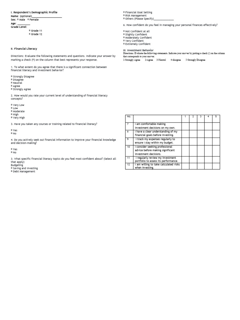 12 Abm B Survey Questionnaires | PDF | Financial Literacy | Literacy