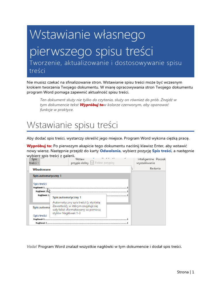 Wstawianie Własnego Pierwszego Spisu Treści | PDF