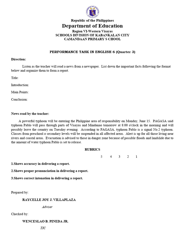 PERFORMANCE TASK ENGLISH | PDF