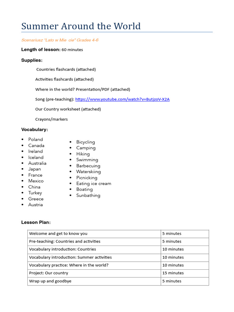 Summer Activities Lesson Plan for Kids | PDF | Flashcard | Vocabulary