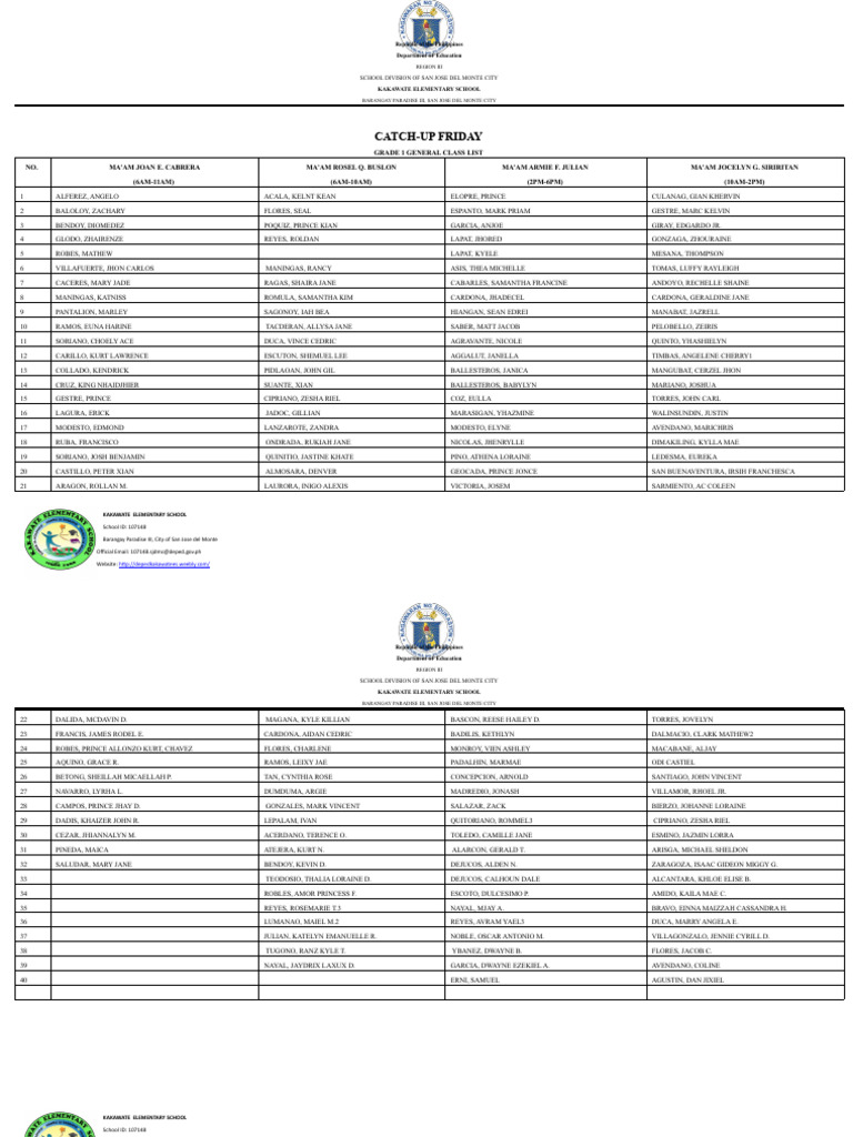 Catch-up Friday (General Class List) | PDF