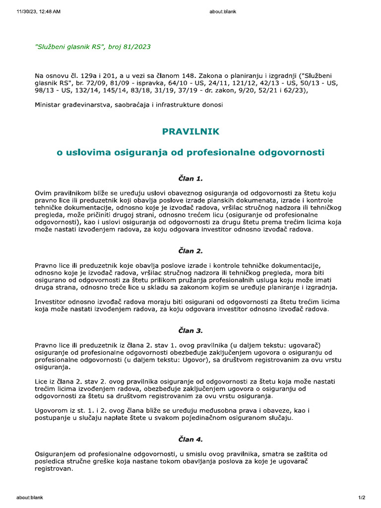 Pravilni Osiguranje Od Odgovornosti 2023 | PDF